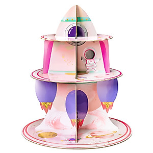 ANGOLIO 3 Tier Watercolour Outer Space Cupcake Stand Outer Space Party Supplies Cake Stand for Kids Birthday Party Decorations Space Theme Dessert Tower Party Baby Shower Birthday Party Supplies