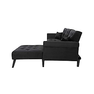 DERCASS Convertible Bed L-Shape Chaise Sectional Sleeper Button Tufted Sofa Velvet with Pillows Reversible Couch for Living Room (Black Sofa), W223S008SOFA