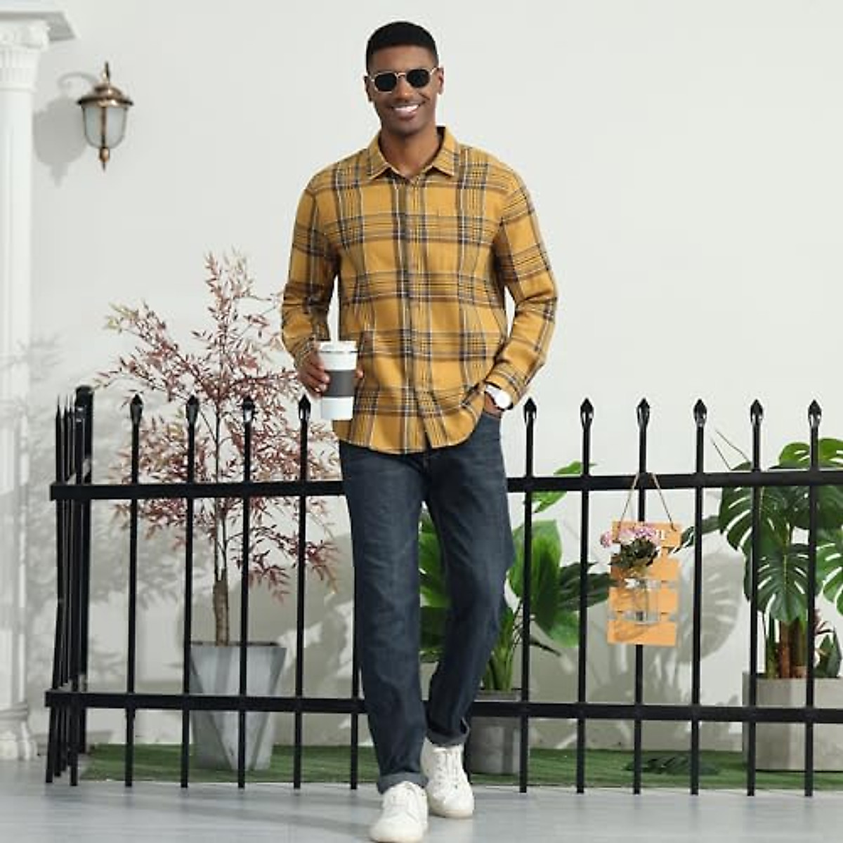 Mens Plaid Flannel Shirts Casual Long Sleeve Button Down Shirts Vintage Tops with Pocket Yellow M