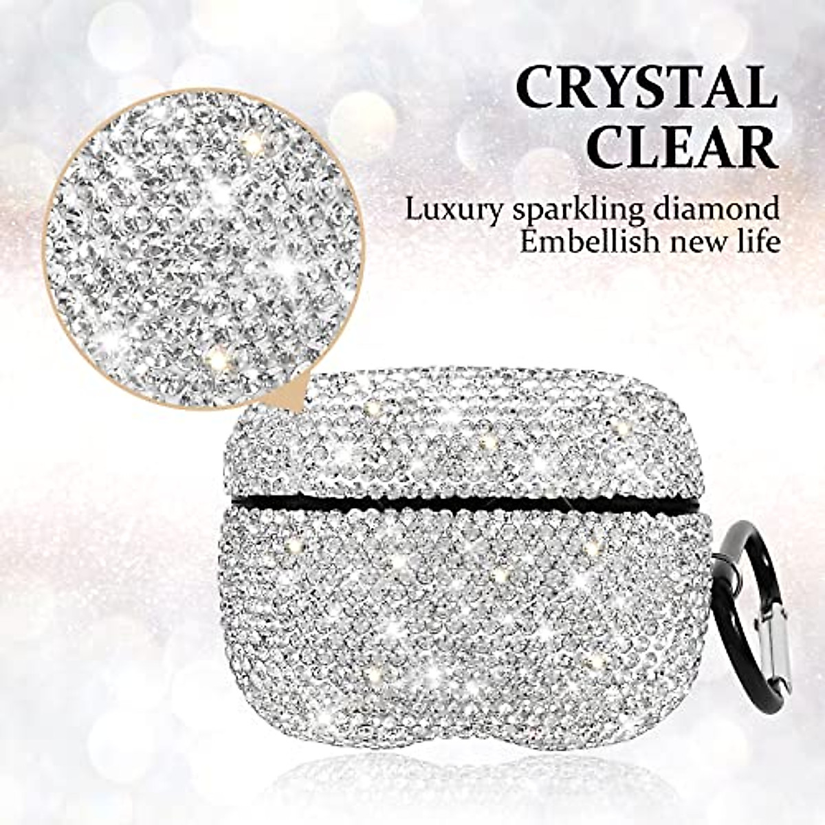 Newseego for AirPods Pro Case,Sparkly Rhinestone Luxurious AirPods Pro Cover Gift Kit Keychain+Anti-Lost Strap+Ear Hooks+Watch Band Holder Glitter PC Shockproof AirPod Pro Protective Cases-Silver