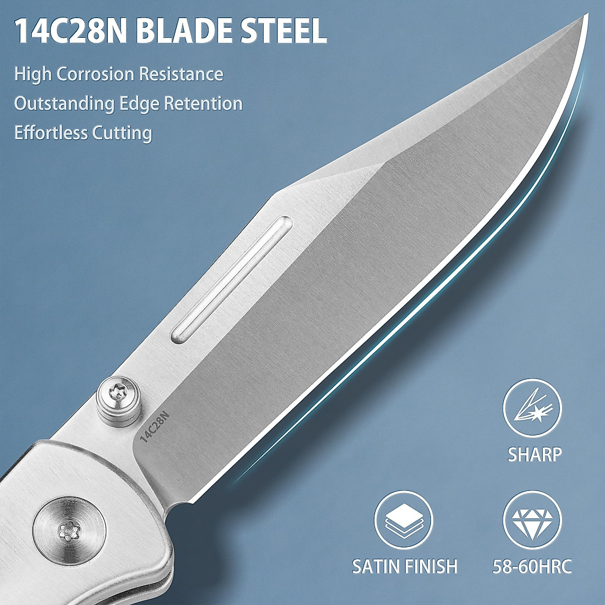 LOTHAR Falcon Pocket Knife, 2.98" 14C28N Steel Blade EDC Knife, G10 Handle, Pocket Folding Knife with Clip, Button Lock Knife, Gifts Pocket Knife for Men Women (Sliver)