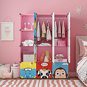 MAGINELS Children Wardrobe Kid Dresser Cute Baby Portable Closet Bedroom Armoire Clothes Hanging Storage Rack Cube Organizer,(Pink, 8 Cube & 2 Rod)