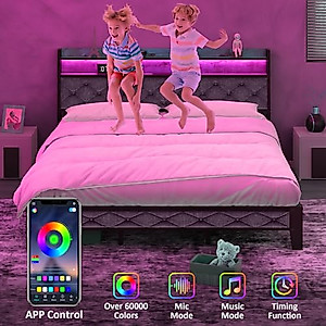 Winkalon King Bed Frame with Headboard, Bed Frame with Charging Station, Metal Platform Bed Frame King Size No Box Spring Needed, Modern Wood Upholstered Headboard and Under Bed Storage