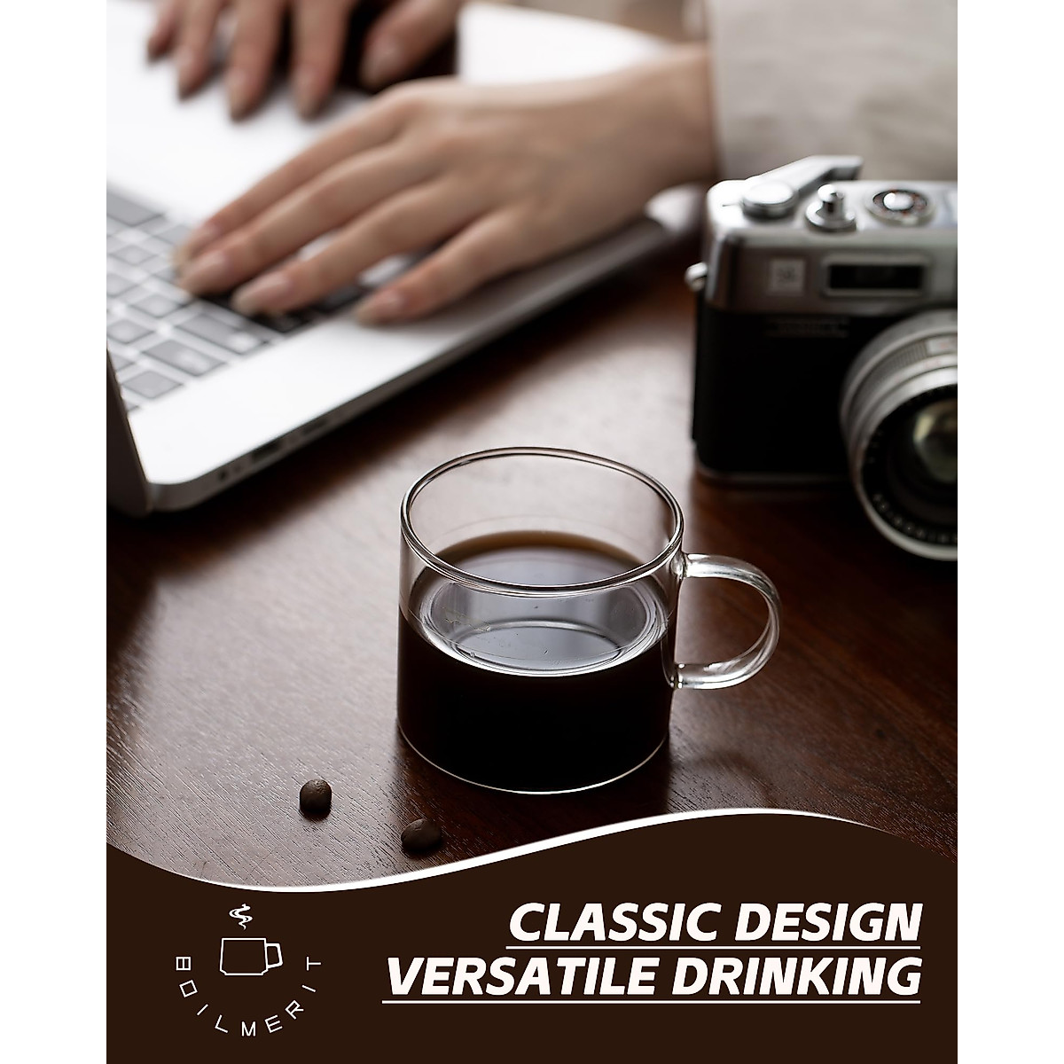 BOILMERIT Espresso Cups Set of 4, 5 oz Small Espresso Shot Glasses with Handle, Clear Espresso Coffee Mugs, Glass Demitasse Cups for Double Espresso or Tea, Coffee Machine, Espresso Accessories