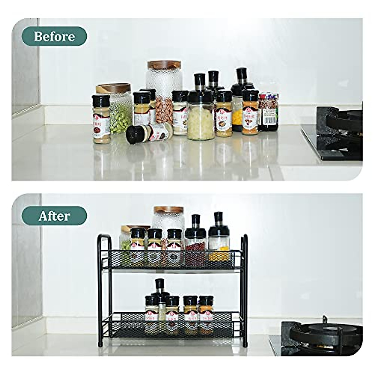 Spice Rack Organizer for Countertop,Xpatee 2-Tier Foldable Metal Rust-Proof Standing Large Seasoning Storage Shelf with Guardrail and Mesh Design for Kitchen Cabinet Bathroom Makeup Living Room Pantry Office, Black