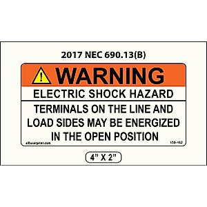 Photovoltaic Labels for PV Solar System _"Warning_Electric Shock Hazard_TERMINALS ON The LINE and Load Sides May BE Energized in The Open Position" _4" x 2" _Pack of 10