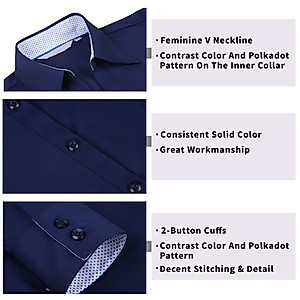 WARHORSEE Womens Button Down Shirt Long Sleeve Work Dress Shirts, V Neck Easy Care Stretchy Business Casual Blouses for Women(Navy,XXL)
