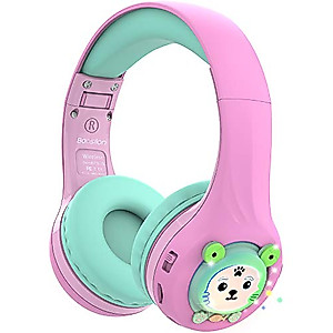 Riwbox Kids Bluetooth Headphones, Baosilon FB-7S Frog Kids Toddler Headphones for School with Mic, 75/85/95dB Volume Limited Light Up Wireless Headphones Over Ear for Girls (Pink&Green)