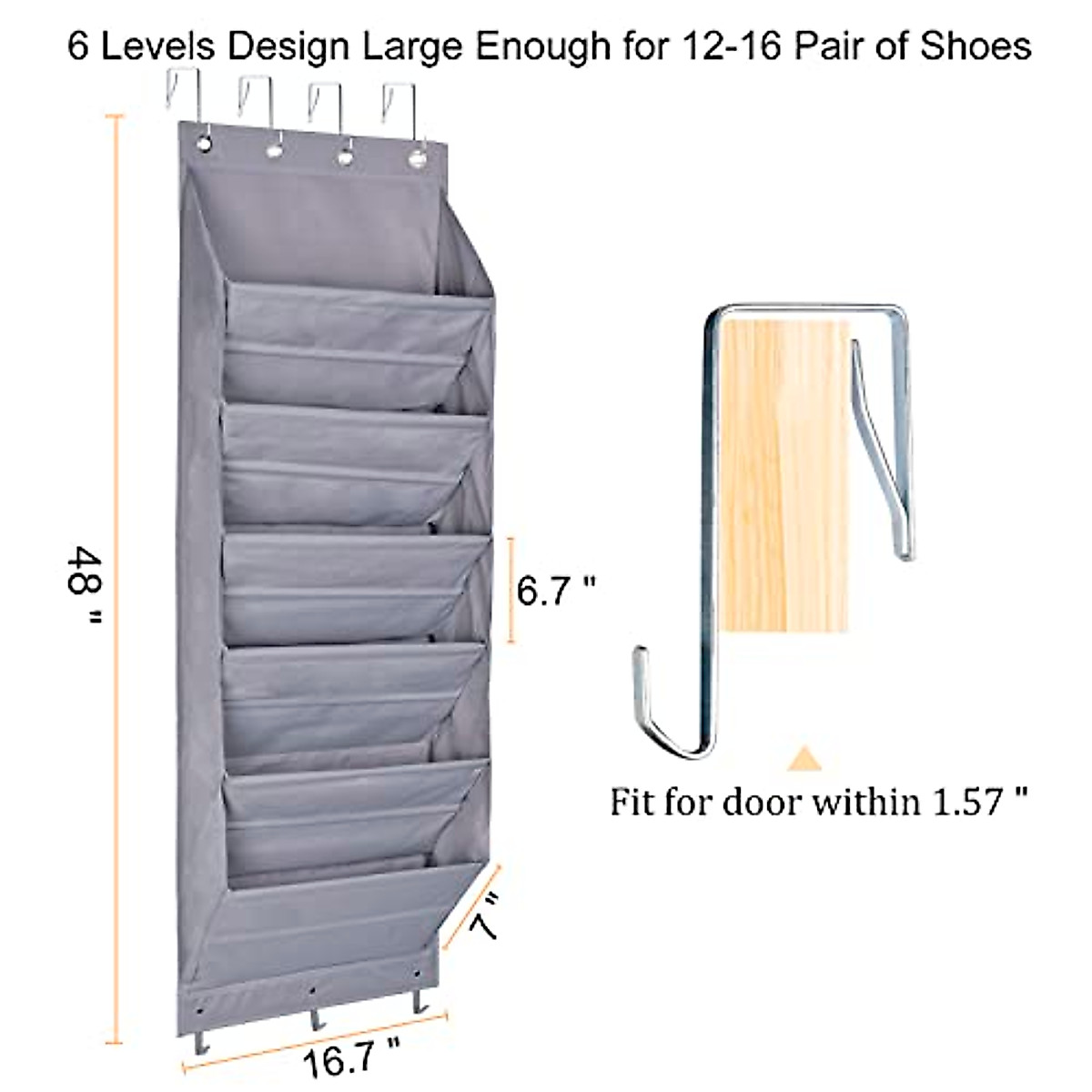 Over The Door Shoe Organizer with Deep Pockets, 6 Layers Hanging Shoe Rack for Closet, 12 Pairs of Wall Shoe Rack with 3 Hooks, Door Hanging Organizer for Shoes Sneakers and Home Accessories Grey