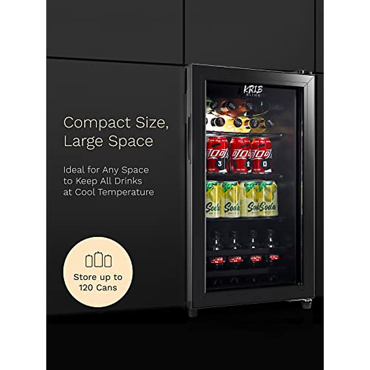 KRIB BLING Beverage Refrigerator 120 Can Freestanding Beverage Cooler with Adjustable Shelving Glass Door for Beer Soda or Wine Perfect for Home Office or Bar Black (KB03-FLB-60)
