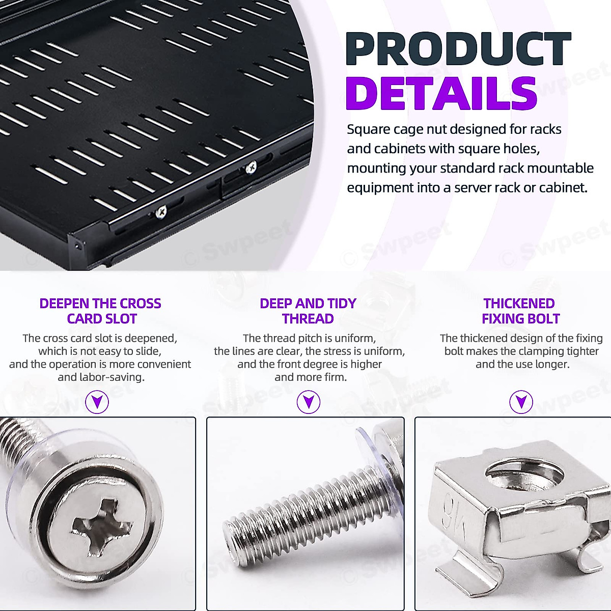 Swpeet 80Packs 4 Sizes M5 M6 Silver Computer Mount Cage Nuts and Screws with Metal & Plastic Washers Assortment Kit, Square Hole Hardware Cage Nuts & Mounting Screws Washers for Rack