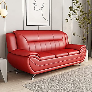 US Pride Furniture Michael Collection Modern Style Faux Leather Couch-Versatile 3 Seater Accent Piece for Living Room, Bedroom or Office-Comfortable Design and Elegant Look, 79" Sofa, Coral Red