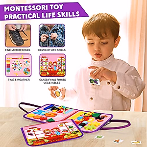 Gefanke Busy Board for 3-6 Years Old Toddlers - Montessori Felt Sensory Toys - Toddler Preschool Learning Activities for Fine Motor Skills – Travel Toy Educational Toys for Boys Girls (Pink)