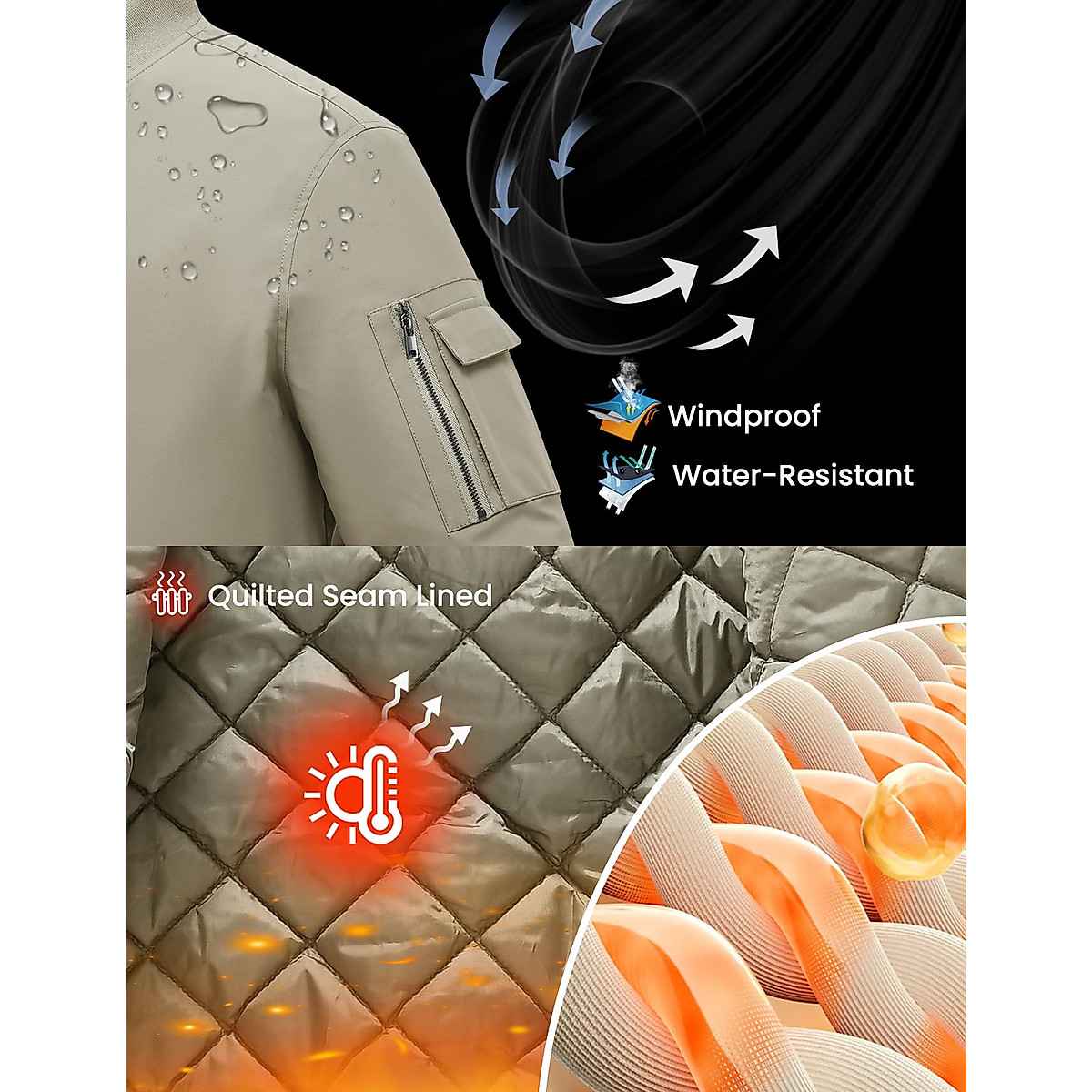 TBMPOY Men's Bomber Jacket Lightweight Winter Windbreaker Zip Up Padded Softshell Windproof Water-Resistant Casual Fall Coat Khaki L