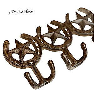 Urbalabs Western Cast Iron Rustic Country Wall Hooks Coat or Key Holder Wall Hook Mounted Decorative for Hats, Coats, Keys, Towels, Mudroom, Entryway, Mancave, Garage Bronze Finish (3 Horse Shoe Star)