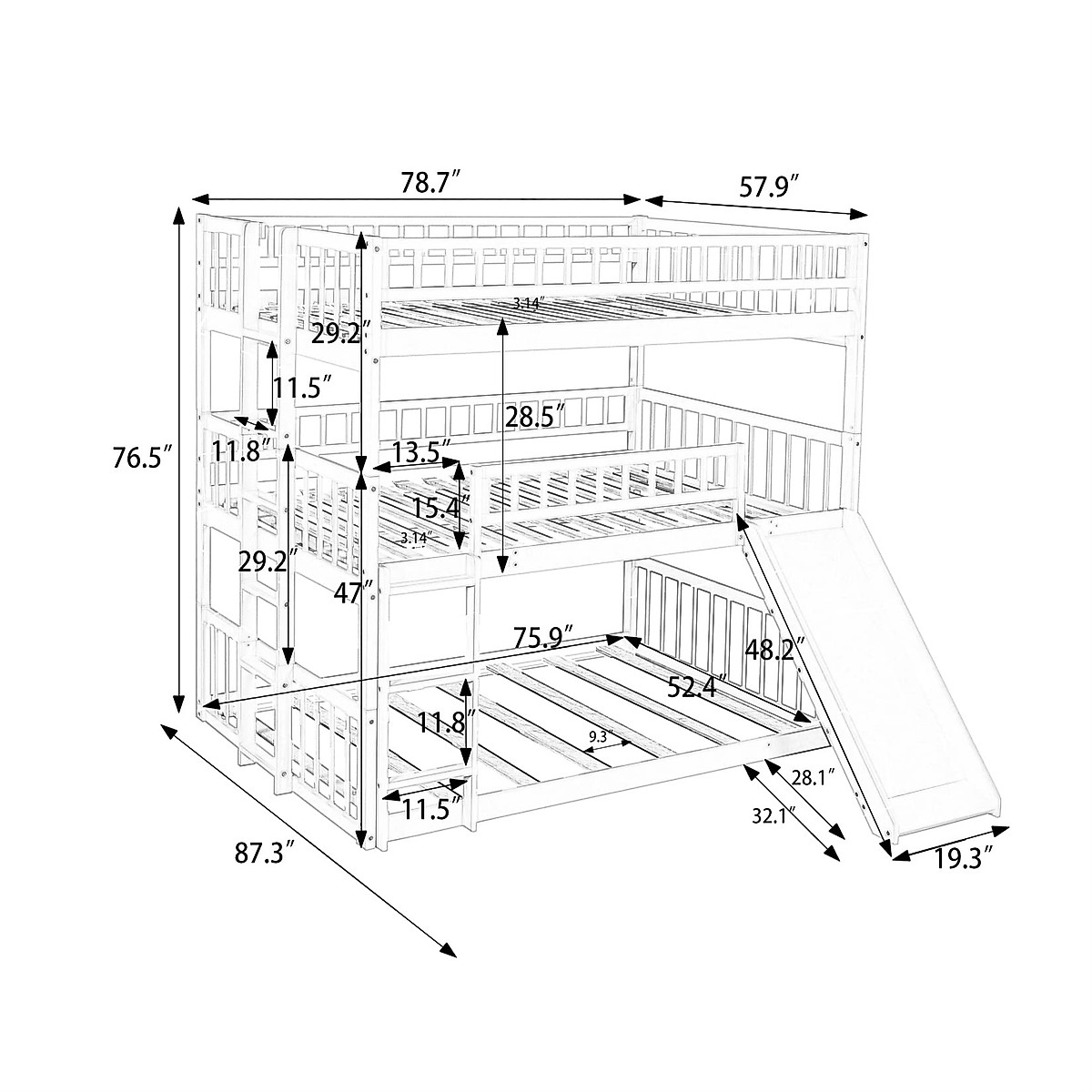 Triple Bunk Bed with Slide, Full Over Full Over Full Bunk Bed Convertible Triple Beds for Kids/Teens/Adults, White