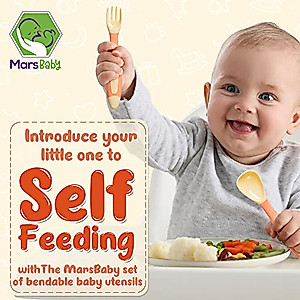Mars Baby Silicone Baby Spoons Set for Self-Feeding - Bendable Learning Utensils for Toddlers - Perfect for Introducing Solids - With Travel Case - Orange