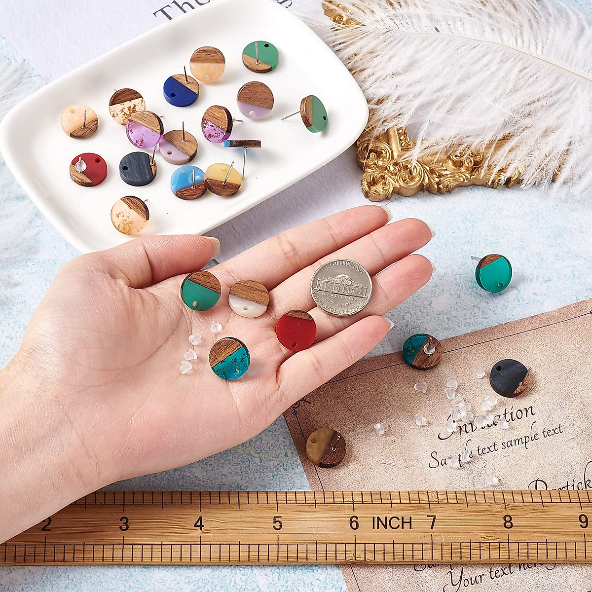 FASHEWELRY 15 Pairs Resin Wood Earrings Posts Flat Round Wooden Earring Blanks Stud Wooden Earring Pin Studs with Earring Back for Dangle Earring Jewelry Making