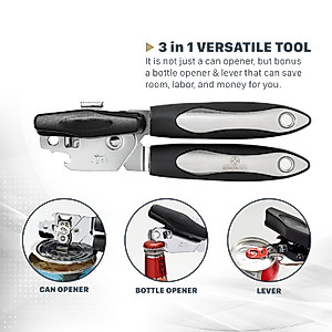 Can Opener Manual Handheld With Magnet, Lid-Lift Safety - Comfortable Anti-Slip Grip Handle And Big Turn Knob - Smooth Edge With Stainless Steel Sharp Blade - Heavy Duty Bottle Can Opener - Black