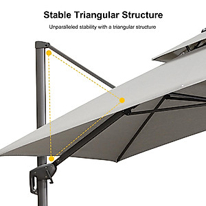 PURPLE LEAF 10 FT Cantilever Umbrella Outdoor Patio Eco-Friendly Olefin Umbrella, Large Offset Square Umbrella, Windproof Heavy Duty Hanging Outside Umbrella for Patio, Light Grey