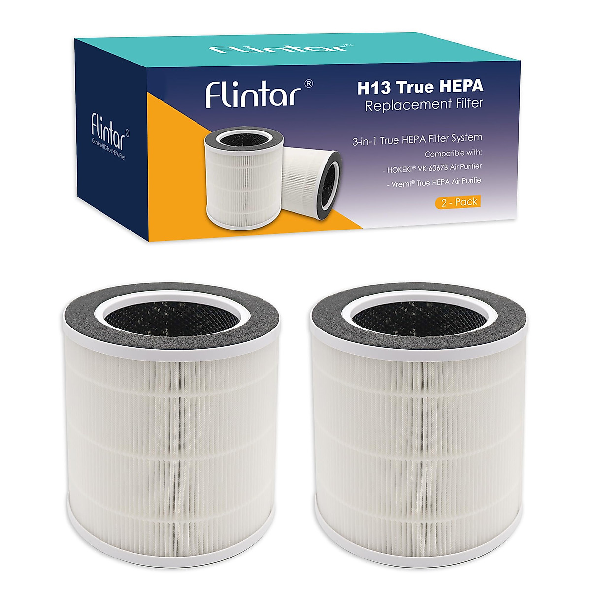 Flintar VK-6067B H13 True HEPA Replacement Filters, Compatible with Vremi and HOKEKI VK-6067B Air Purifier, 3-in-1 H13 Grade True HEPA and Activated Carbon Filter Set (2 - Set)