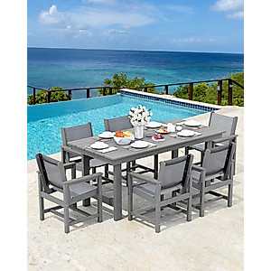 SERWALL 7 Piece Outdoor Dining Table Sets for 6 with 1 Umbrella Hole Cut-Out Rectangular Table and 6 Textilene Chairs, HDPE Dining Table Sets for Garden, Backyard, Poolside, Gray