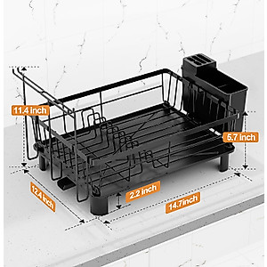 IceFun Dish Drying Rack,Kitchen Dish Rack with Auto-Drain, 3-Slot Cutlery Holder, Wine Goblet Holder,Cutting Board Holder, and 360° Rotating Spout.Dish Racks for Kitchen Counter,12''W x 15''L,Black