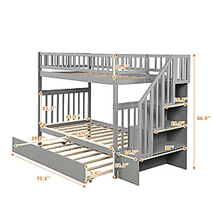 Merax Twin Over Twin Bunk Bed with Trundle, Storage Staircase and Full Length Guardrail, Solid Wood Stairway Bunk Bed, No Spring Box Needed (Grey)