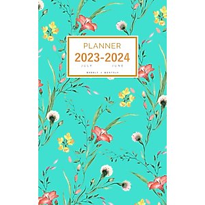 Planner July 2023-2024 June: 5x8 Weekly and Monthly Organizer Small | Watercolor Natural Wildflower Design Turquoise
