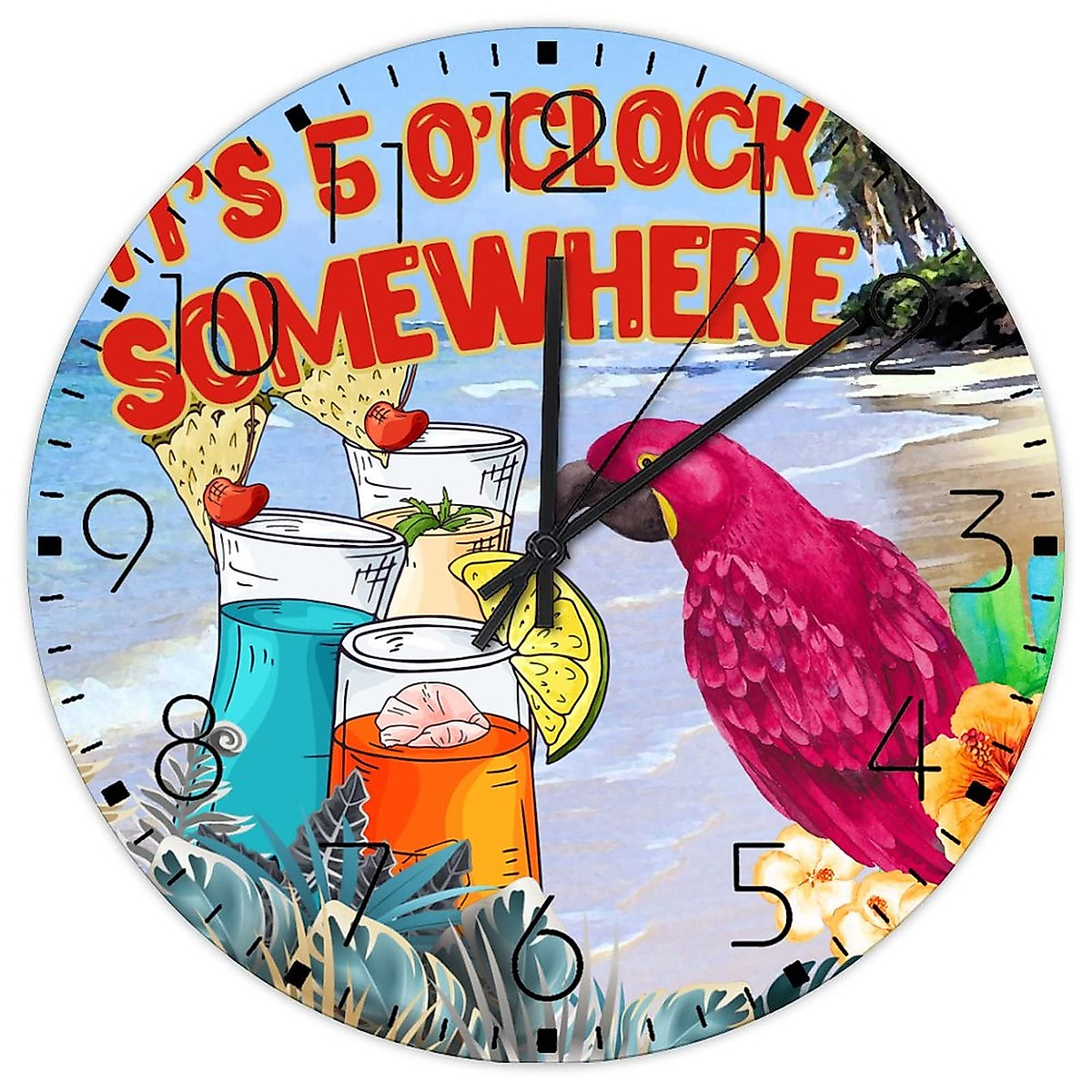15 Inch Silent Non-Ticking Wall Clocks Battery Operated It's Five O'clock Somewhere Home Decor for Classroom Tiki Bar Pool Hot Tub Luau Custom Round Wooden Wall Clock Rustic for Auto Shop Entryway