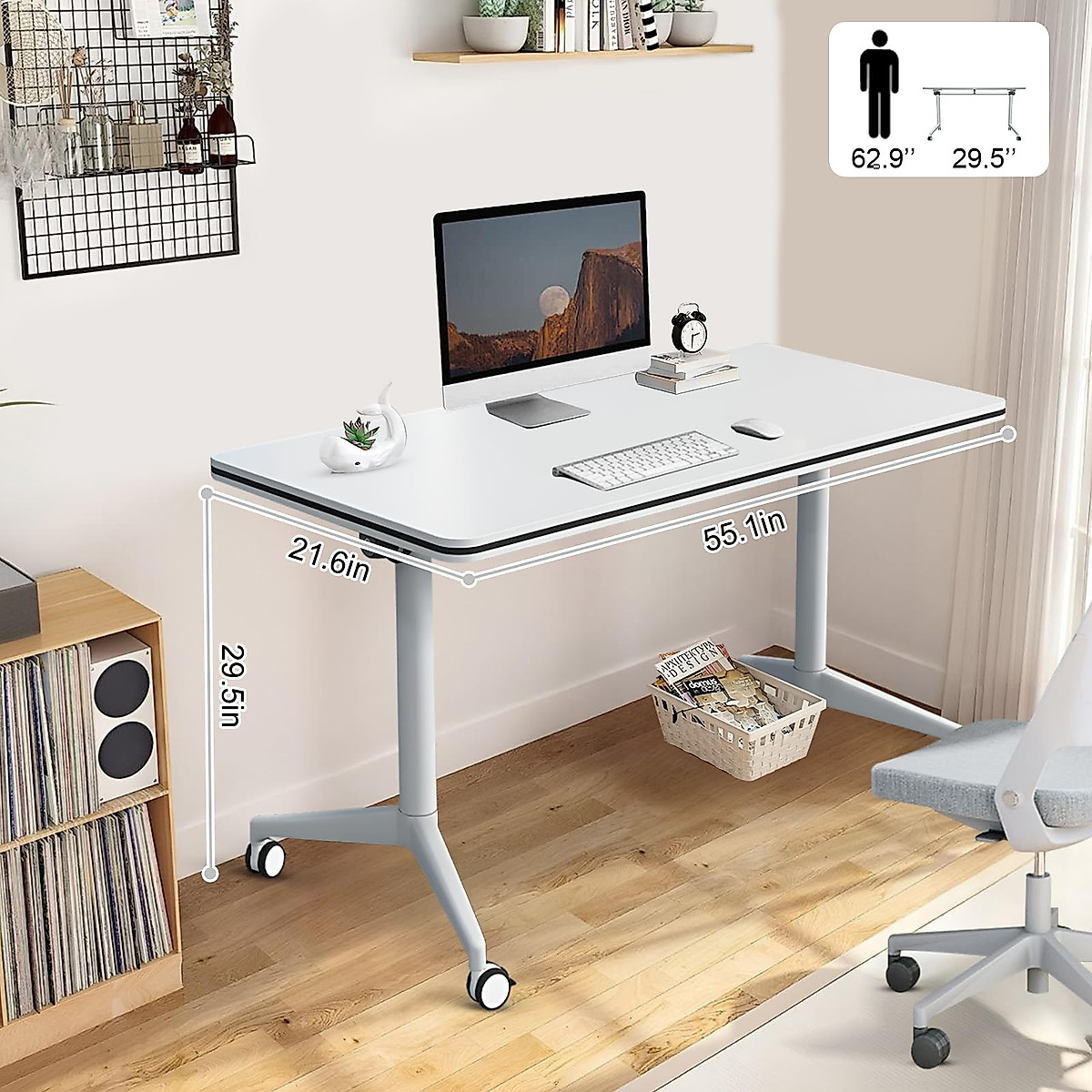 conference table,modern white office folding Flip Top Mobile Training Table 55"D x 21.6"W x 29.5"H The rounded table with wheels is convenient and fast,suitable for office,meeting room,classr ( 4Pcs)