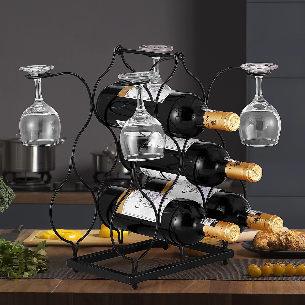 Torfican Countertop Wine Rack Metal,Hold 6 Bottles and 4 Glasses Wine Holder Stand,3-Tier Small Tabletop Wine Rack,Wine Organizer for Cabinet,Pantry