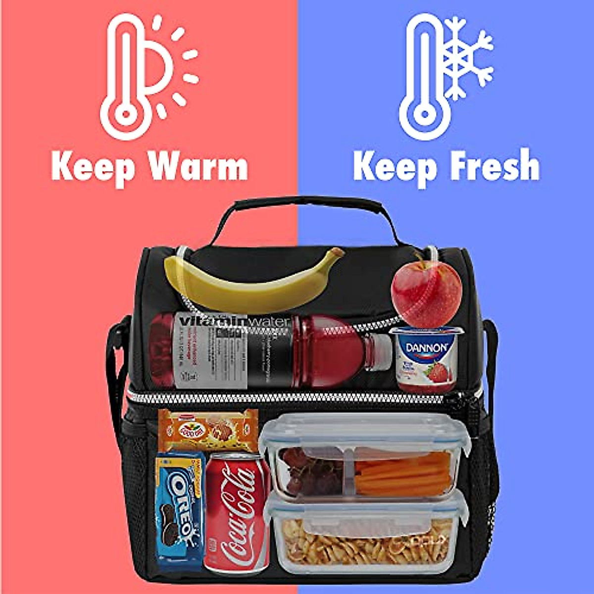 OPUX Lunch Box For Men Women, Insulated Large Lunch Bag Adult Work, Double Decker Lunchbox Meal Prep, Dual Compartment Leakproof Lunch Cooler, Soft Lunch Pail Tote Boys Girls Kids School, Black 16 Can