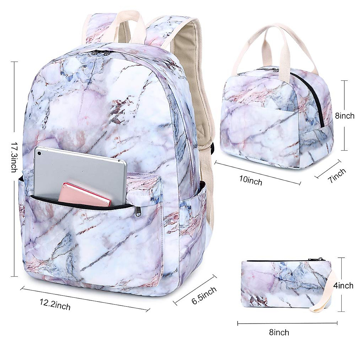 Bluboon Teen Girls School Backpack Kids Bookbag Set with Lunch Box Pencil Case Travel Laptop Backpack Casual Daypacks (Marble 5)