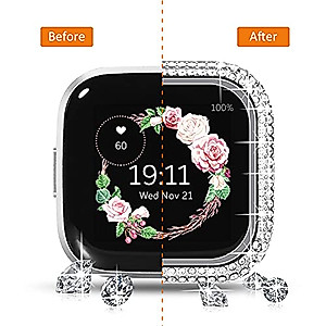 Surace Compatible for Fitbit Versa 2 Case, Bling Cases with Over 200 Crystal Diamond Protective Cover Bumper for Fitbit Versa 2 Smart Watch, Silver