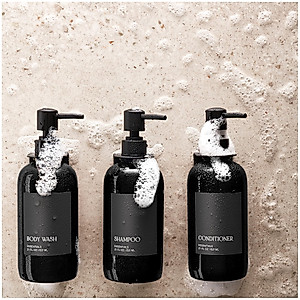 Stylish Shampoo and Conditioner Dispenser Set of 3 for Wall Mount - Modern Drill Free 21oz Shower Soap Bottles with Labels - Easy Refill Body Wash Dispensers for an Instant Bathroom Decor Upgrade