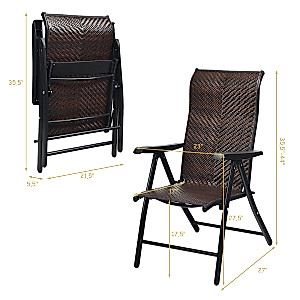 Tangkula 2 Piece Patio Rattan Folding Reclining Chair, Outdoor Wicker Portable Camping Chair with Widened Armrest, Foldable Chair with Adjustable High Backrest for Garden Balcony Outdoor & Indoor (2)