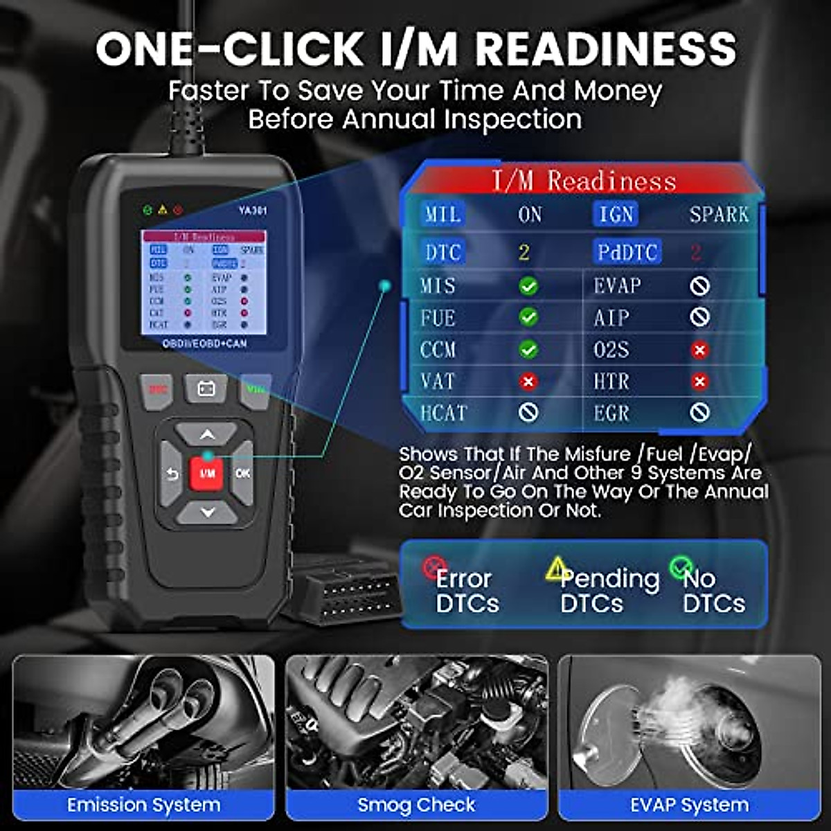 ELMCONFIG OBD2 Scanner, Car OBD2 Scanner Code Reader with 4 Shortcut Keys & Print Function Options, YA301 Upgraded Check Engine Diagnostic Tool for All OBDII Vehicles After 1996