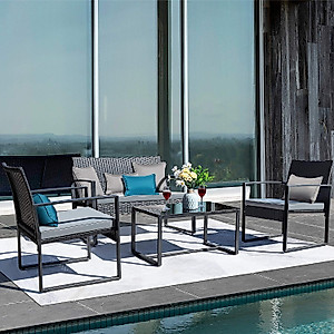 JUMMICO 4 Piece Patio Set Outdoor Rattan Chairs with Cushion & Table Metal Bistro Conversation Sets Modern Porch Furniture for Garden, Balcony, Poolside (Grey)