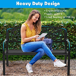 Giantex Garden Bench, Antique Metal Outside Bench w/Warm Welcome Pattern, Elegant Bronze Finish and Durable Iron Frame for Park Yard Porch Chair (Black)