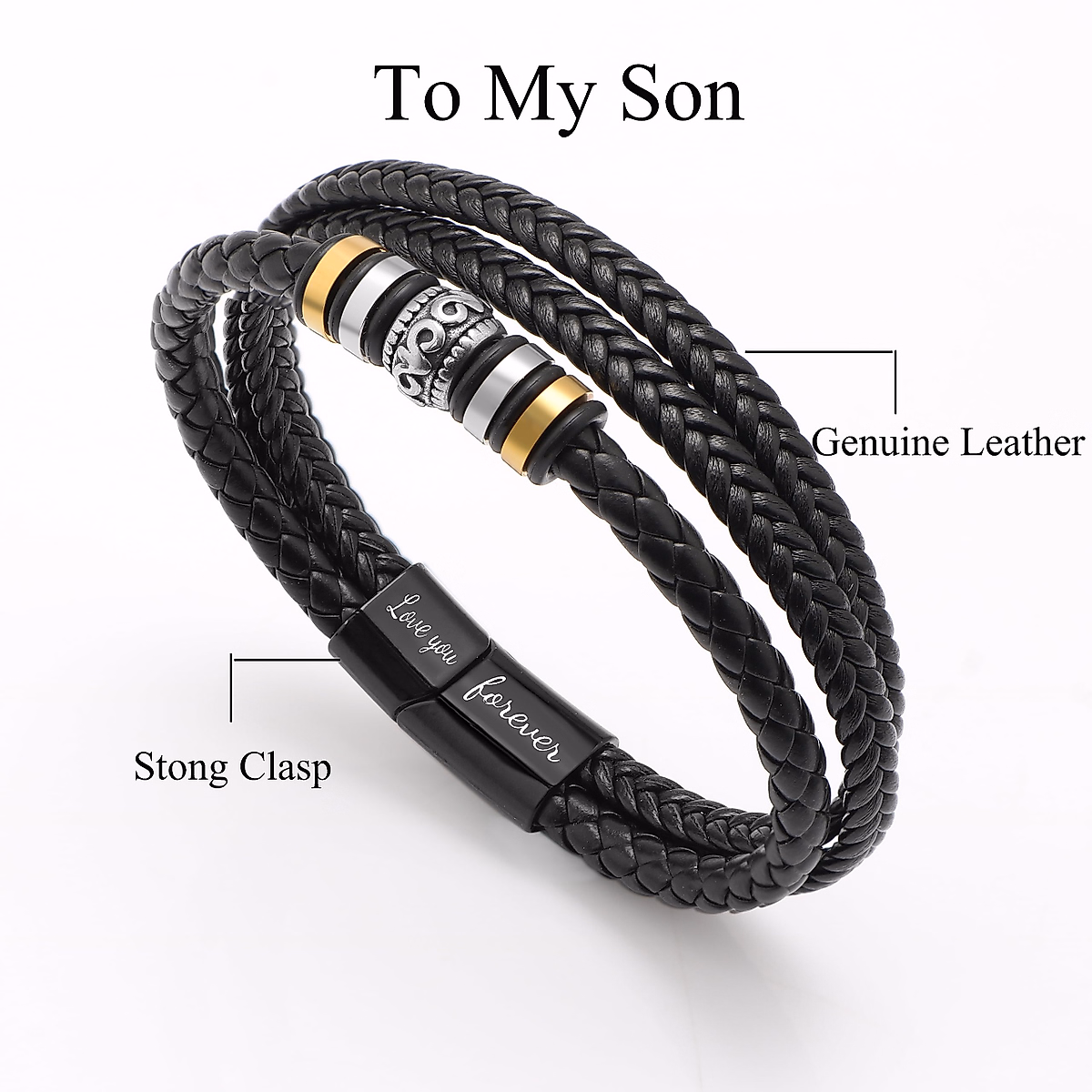 Memgift Leather Bracelet for Son Black Braided Leather Cuff Bracelet with Clasp Handmade Mens Jewelry Bracelet Leather Wristband Inspirational Bracelet Gift for Graduation Love You Forever