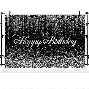 5×3ft Black Silver Bokeh Birthday Backdrop Silver Confetti Sweet 16 30th 40th 50th 60th 70th Bday Party Banner Decorations Happy Birthday Photography Background for Adult Party Photo Studio Props