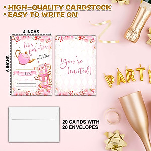 Chuxvon Tea Birthday Party Invitations, Blush Pink Floral Birthday Invitation, Double-Sided Fill In Invites, Garden Birthday Party Decorations, 20 Cards With 20 Envelopes(D11)