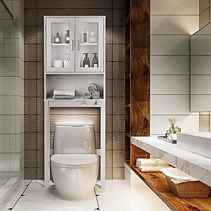 BestComfort Over The Toilet Storage Cabinet, Bathroom Organizer with Frosted Glass Doors, Adjustable Shelf, Open Compartment, Freestanding Over Toilet Rack Unit for Washroom Laundry (67'' H)