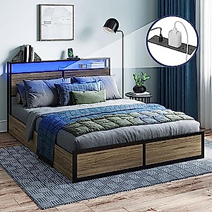 BELLEZE Queen Size Bed Frame with 2-Tier Storage Headboard and 4 Drawers Under Bed, Sturdy Metal Platform Bed with Remote Control RGB LED Light and Ultra-Fast USB Type A/C Outlet, No Box Spring Needed