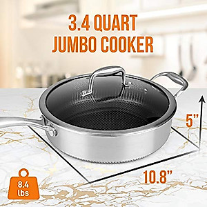 NutriChef 3.4QT Stainless Steel Jumbo Cooker - Triply Kitchenware Jumbo Cooker with Glass Lid - DAKIN Etching Non-Stick Coating, Scratch-resistant Raised-up Honeycomb Fire Textured Pattern NC3PSAUC