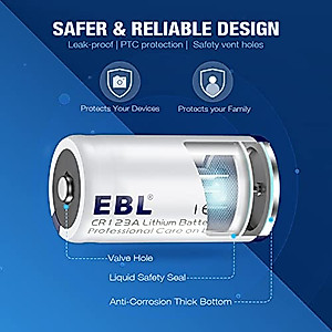 CR123A Battery, EBL 3V CR123A Lithium Batteries 1600mAh High Performance123 Battery for Cameras Flashlight Security System, 16 Pack