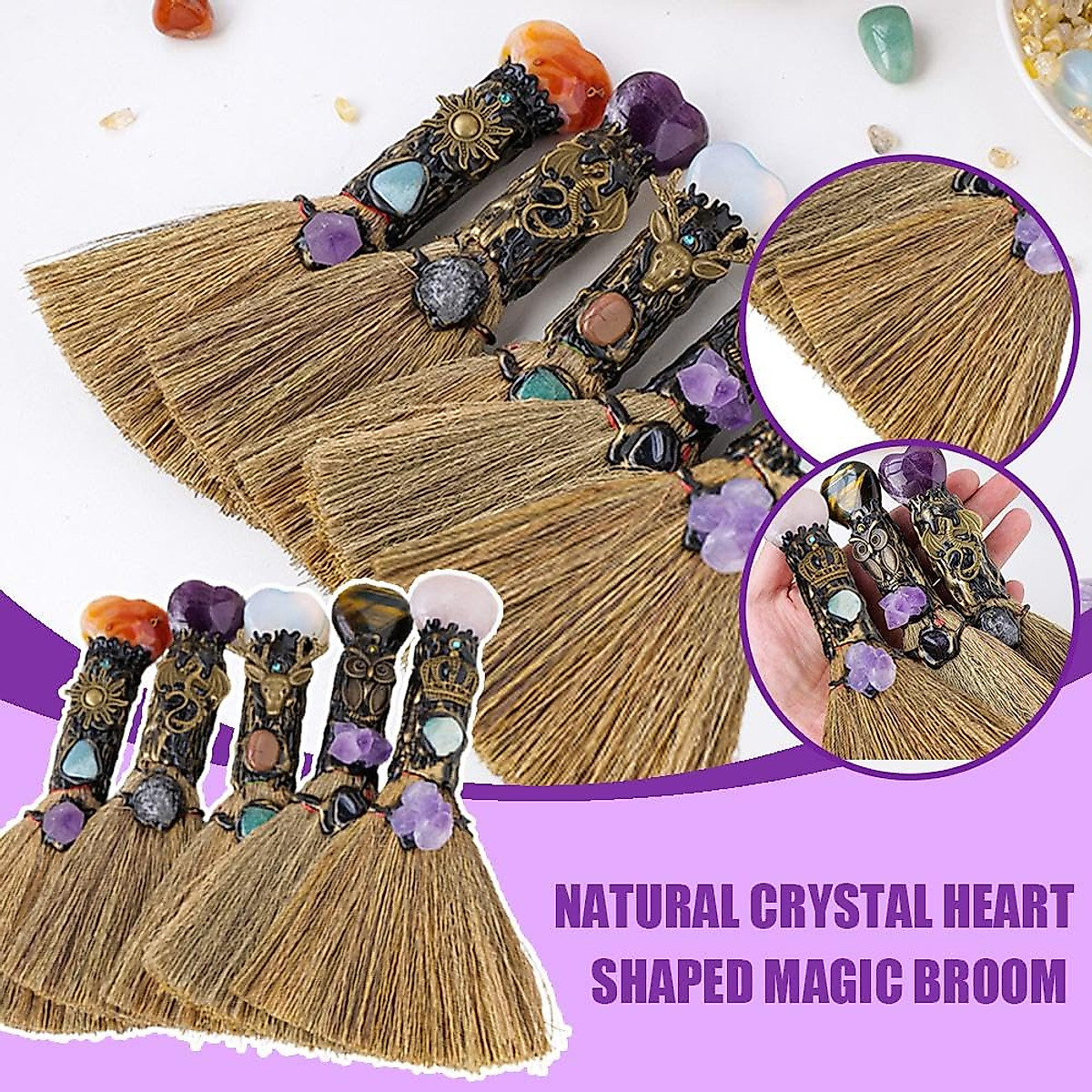 Natural Crystal Magic Broom,Mini Witch Broom,Crystal Witch Wiccan Altar Broom,Magic Ceremony Decor,Handmade Reiki Broomstick for Cleansing Healing Fengshui