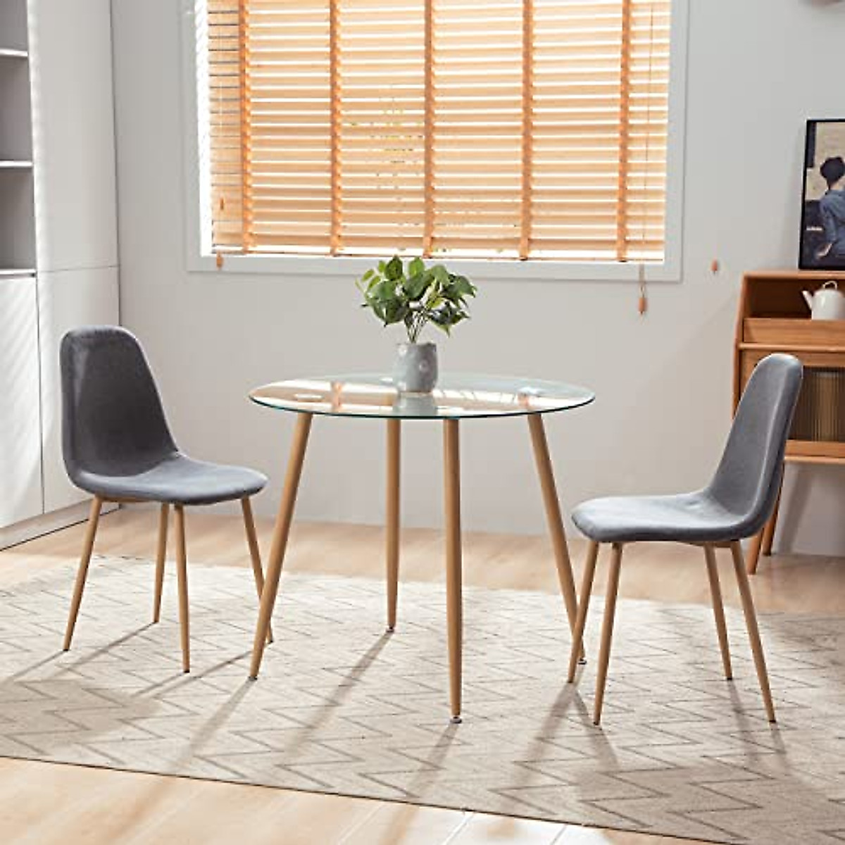 STYLIFING Round Glass Dining Table - Tempered Glass Kitchen Table Dining Room Table - Modern Small Round Dining Table for 4 with Wood Printed Transfer Metal Leg Coffee Dinner Table for Living Room
