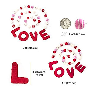 Glaciart One Felt Ball Garland Valentine - 7-Foot Decorative Wool Wall and Window Home Decor - Red, Pink, White, Swirl Balls for Valentines, Wedding, Baby Shower Party - 36 Balls, Love Banner